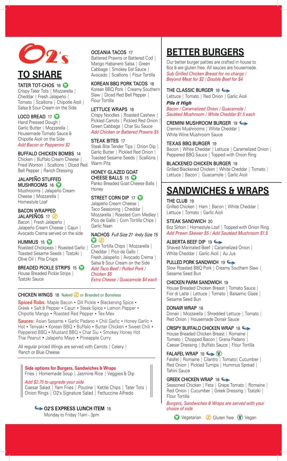 O2's Taphouse & Grill Menu | Edmonton's Best Pub Food